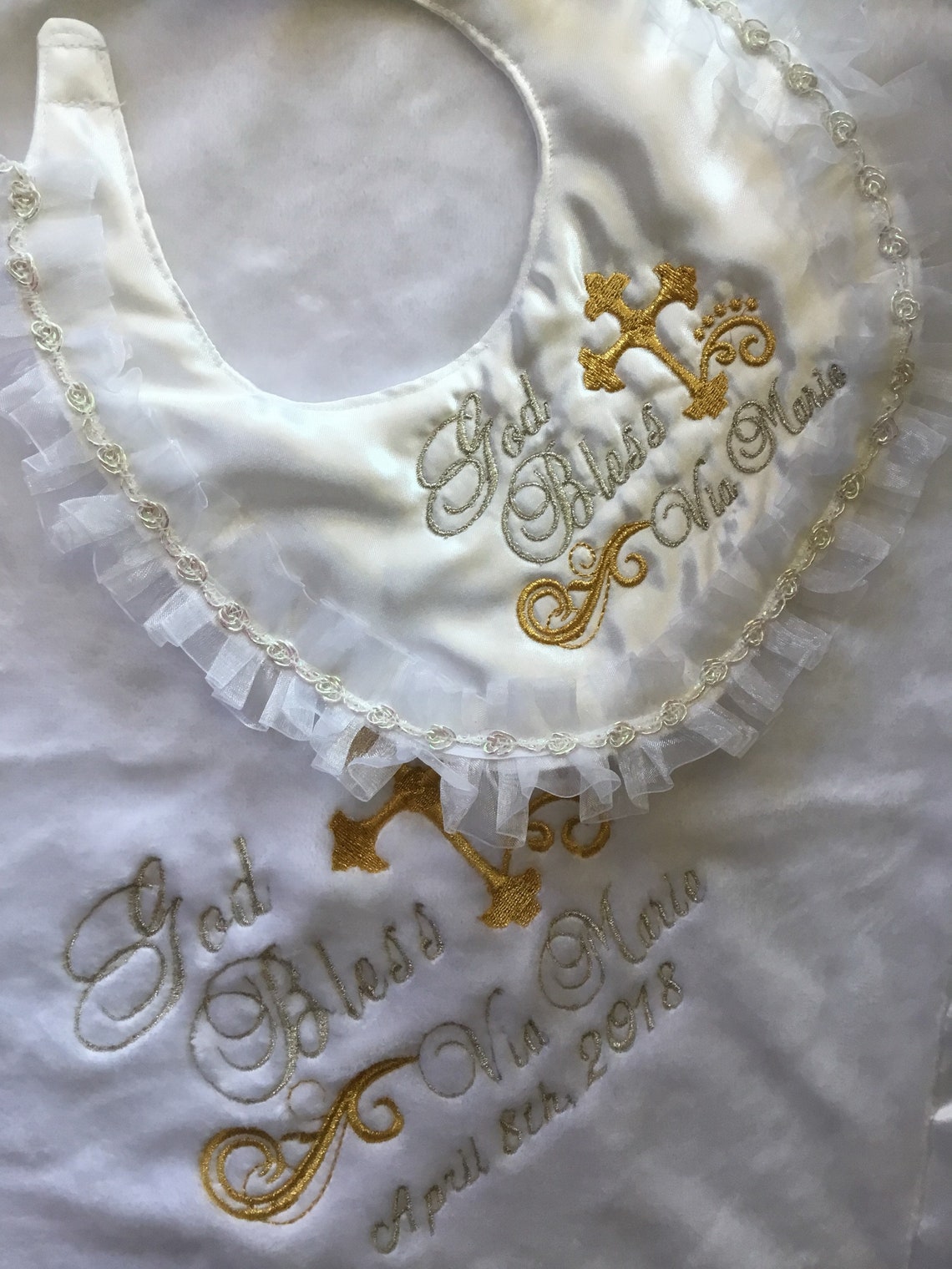 Baptism Blanket and Bib Set Ivory or White, Personalized White ...