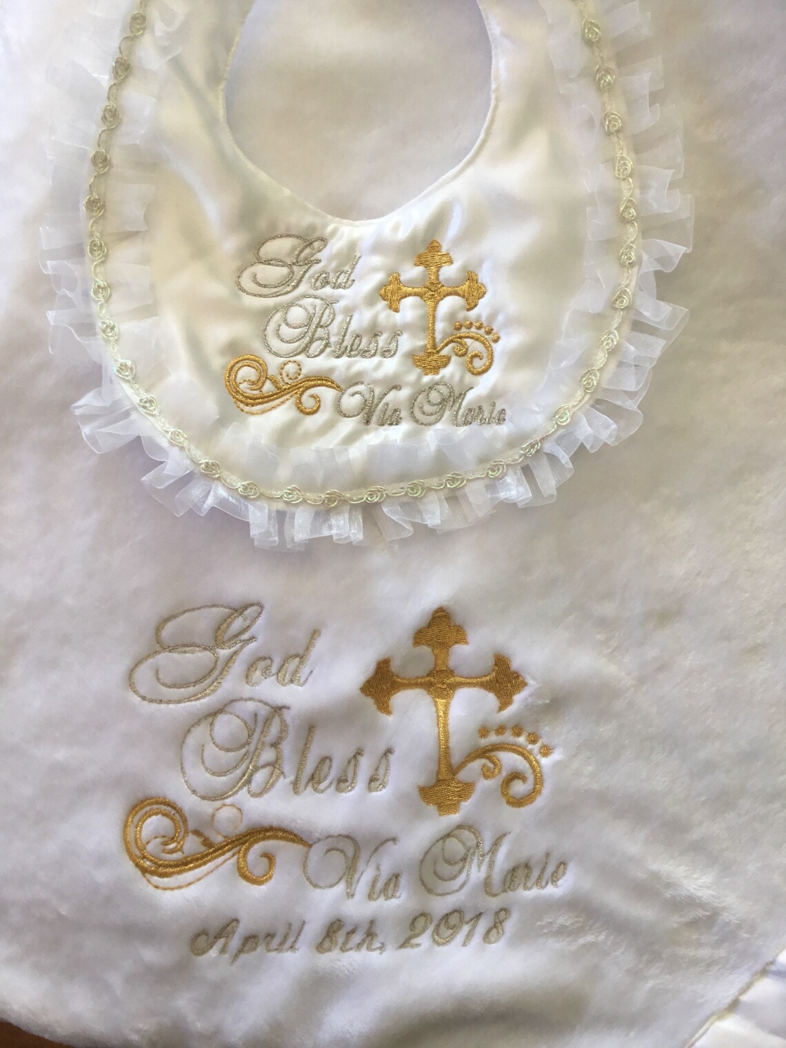 Baptism Blanket and Bib Set Ivory or White, Personalized White ...