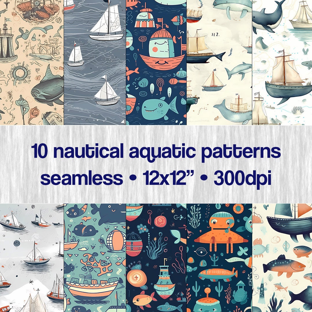 10 Cute Nautical Aquatic Seamless Patterns for Scrapbooking, Wallpaper ...