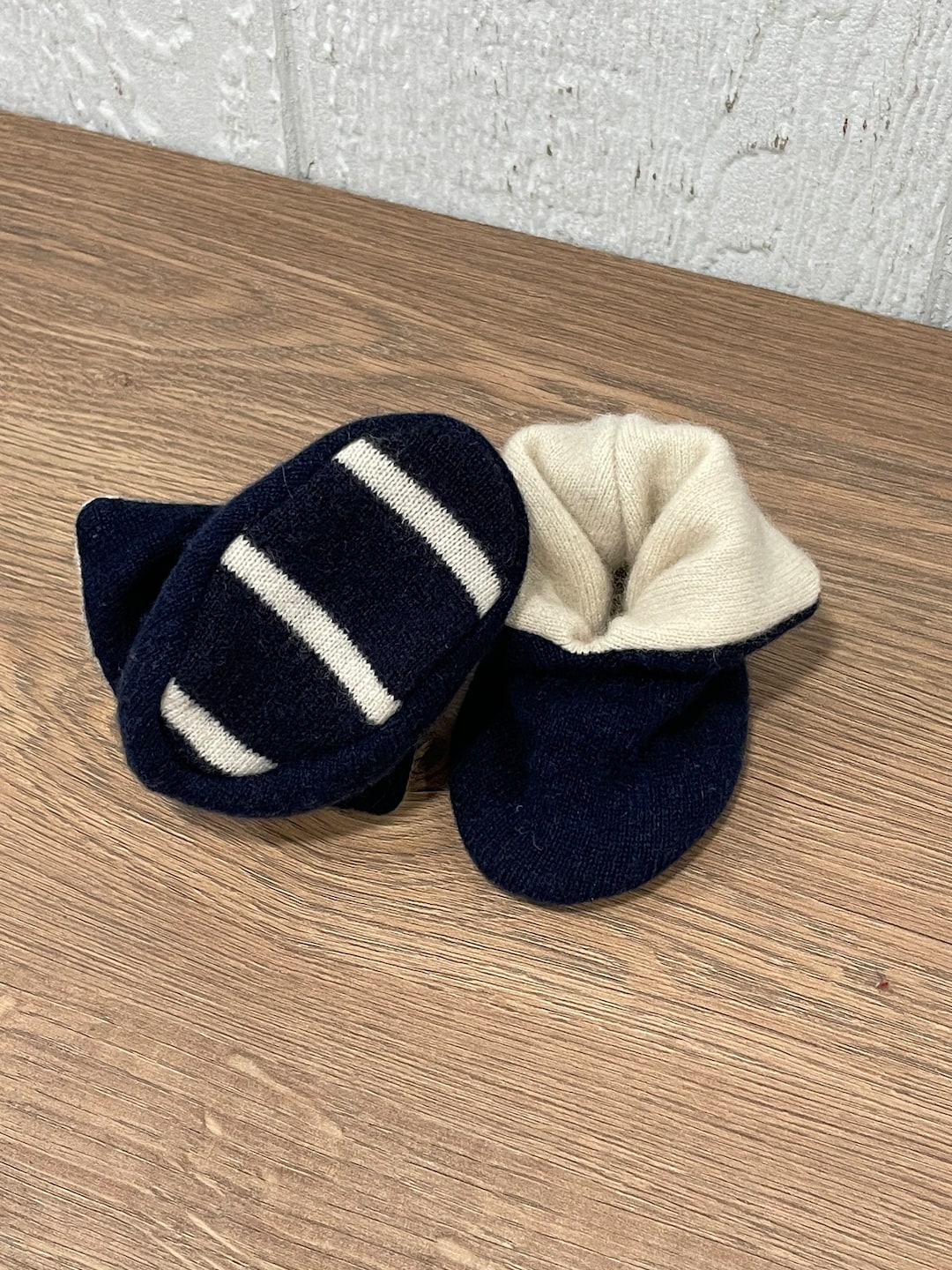 Navy Blue and Cream Cashmere Slippers, PEAPOD Baby Booties, Soft ...