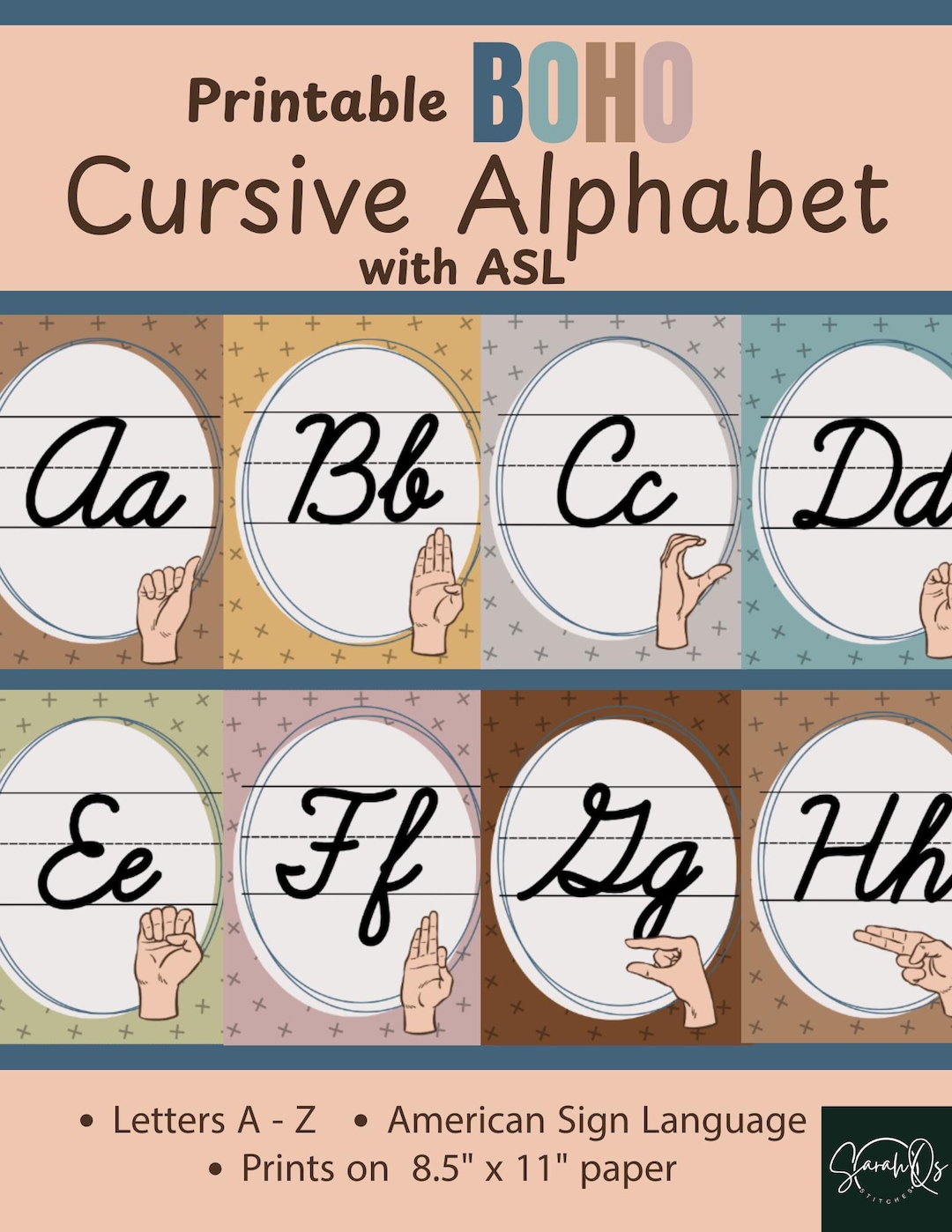 Printable Cursive Alphabet With ASL | Boho Classroom Decor | PDF ...