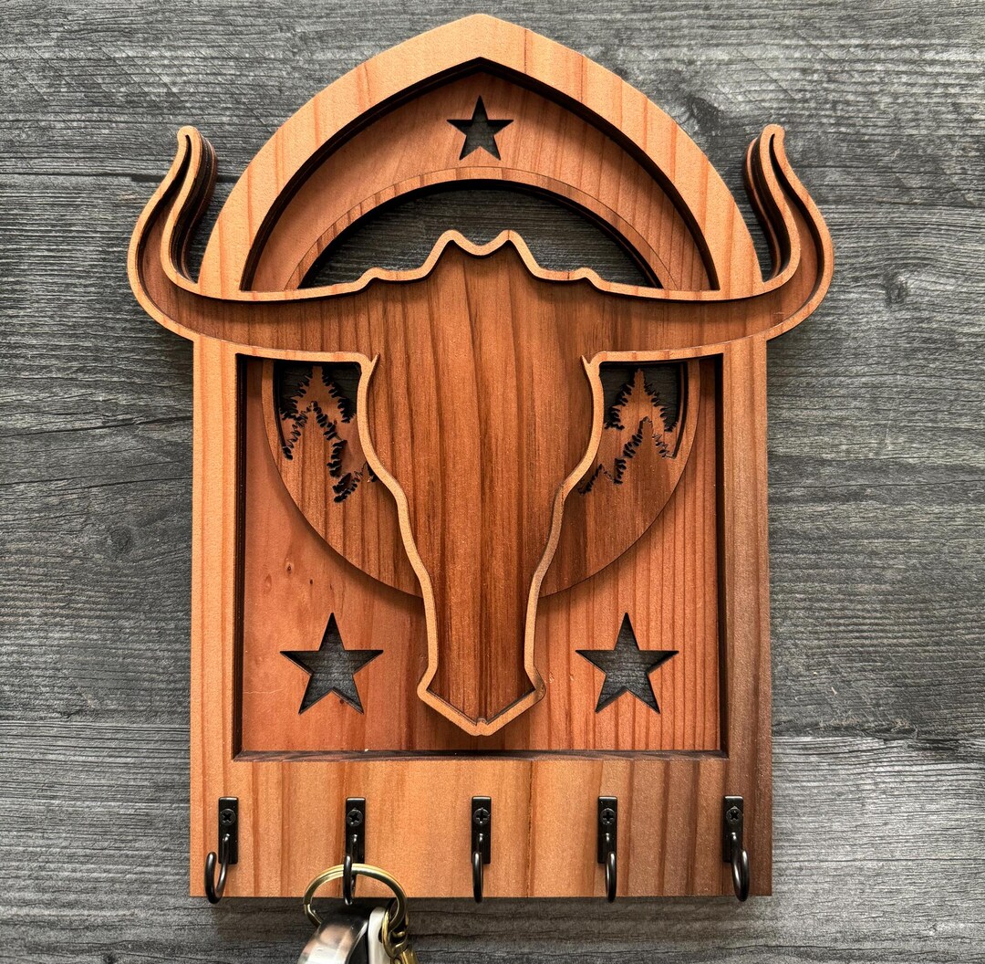 Handmade Redwood Longhorn Bull Key Holder | Salvaged Wood Wall Hanger ...