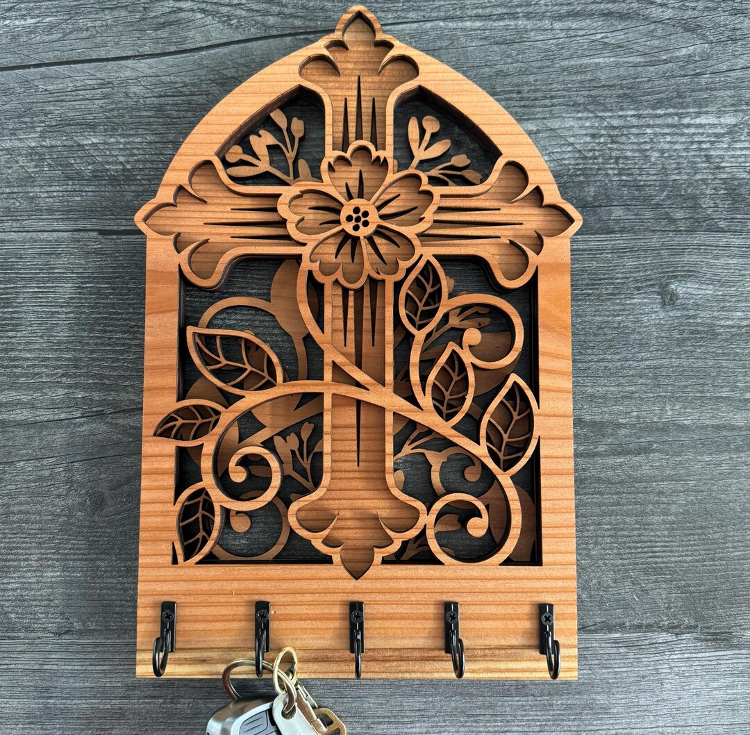 Handmade Redwood Cross Key Holder | Salvaged Wood Wall Hanger With 5 ...