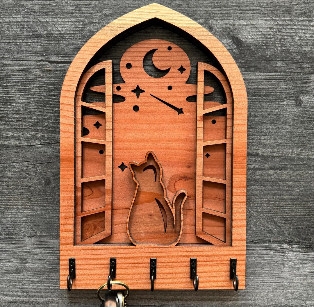 Handmade Redwood Cat Key Holder | Salvaged Wood Wall Hanger With 5 ...