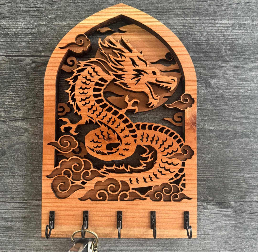 Handmade Redwood Dragon Key Holder | Salvaged Wood Wall Hanger With 5 ...