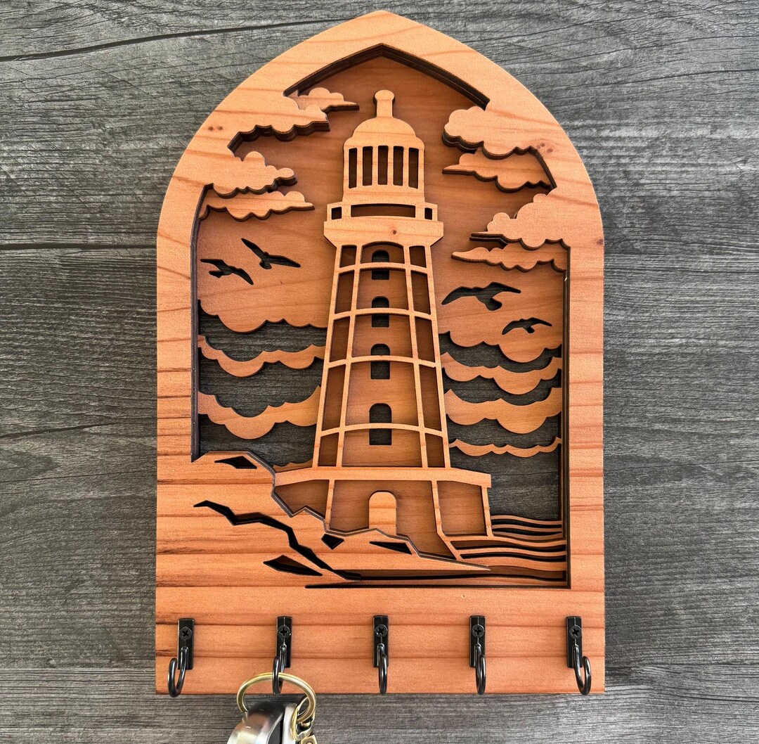 Handmade Redwood Lighthouse Key Holder | Salvaged Wood Wall Hanger With ...