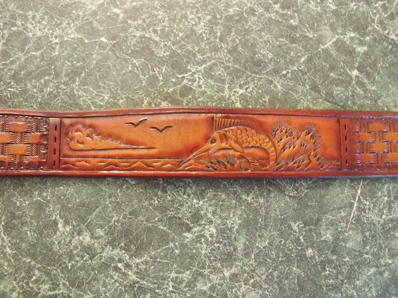 Hand Tooled Leather Belt: Saltwater Fish & Boat Design, Personalized - Etsy