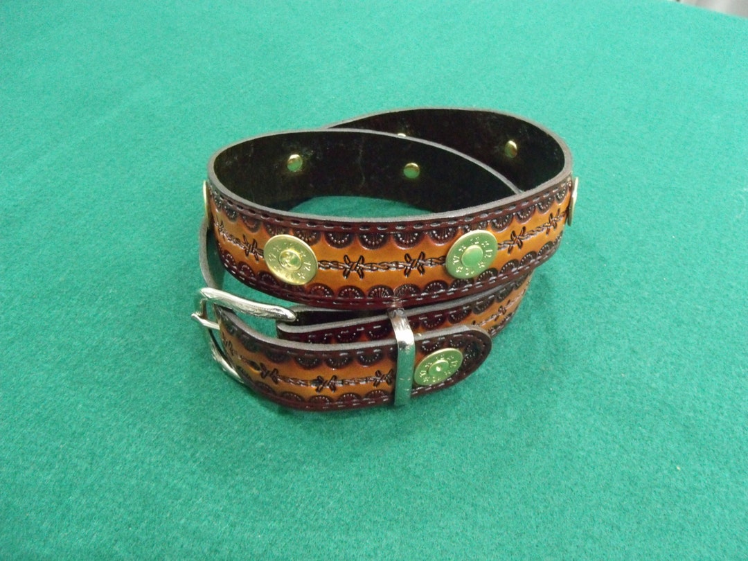 Hand Tooled "bullets & Barbed Wire" Belt. Can Be Personalized - Etsy