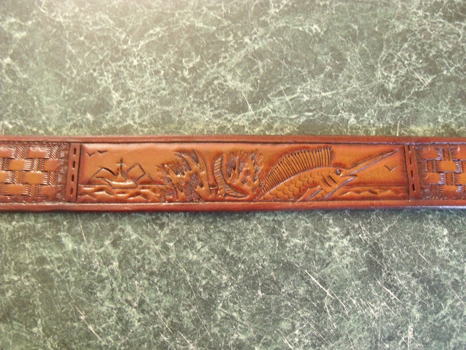 Hand Tooled Leather Belt. Salt Water Fish Theme With Boats and Marlins ...