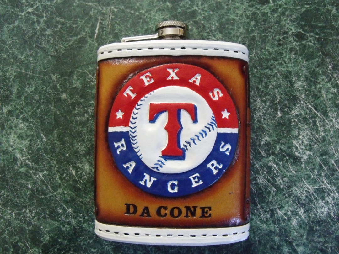 Texas Rangers Baseball Themed Leather & Stainless Steel Flask. Can Be ...