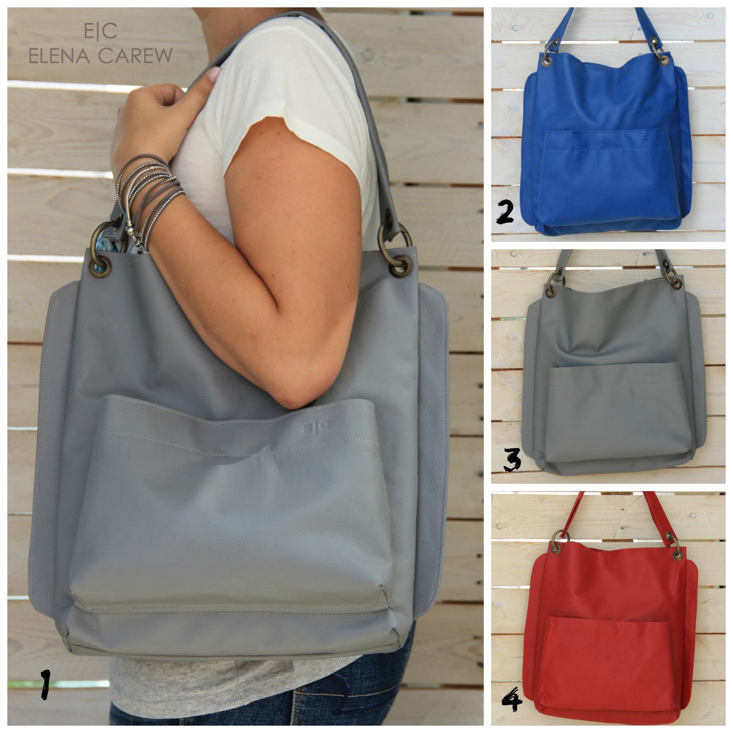 Grey Leather Tote Bag With Outside Pockets | semashow.com