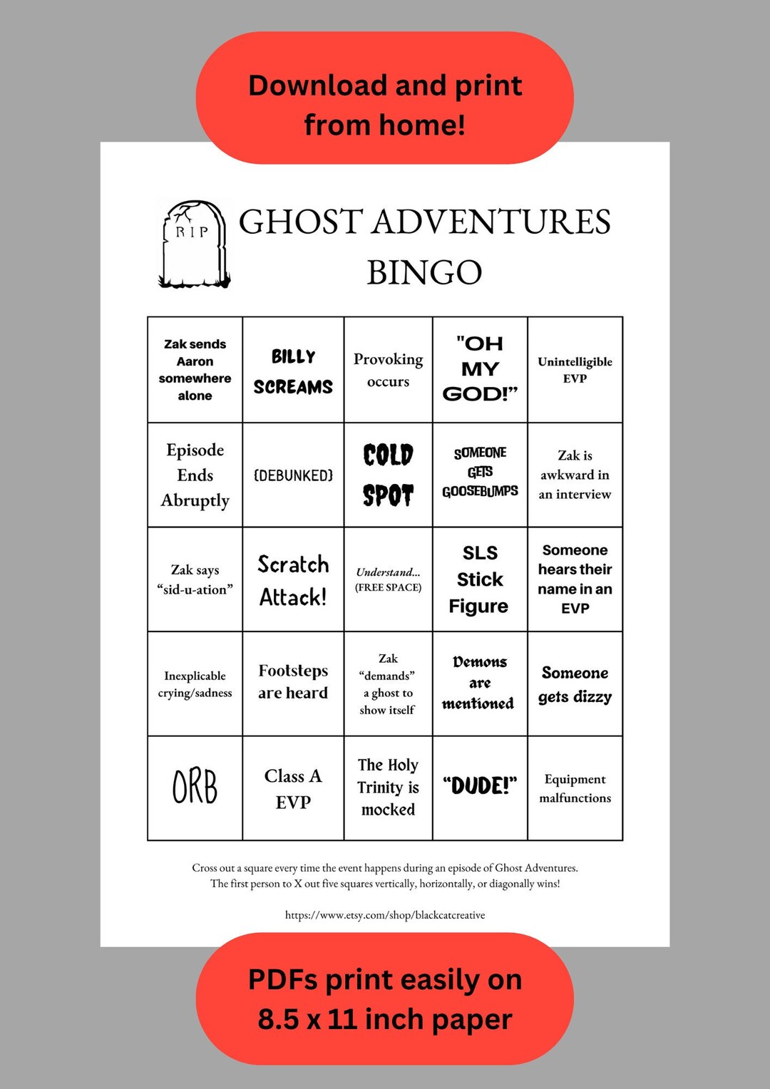 Ghost Adventures Bingo Game | Printable Downloadable PDF | up to 4 ...