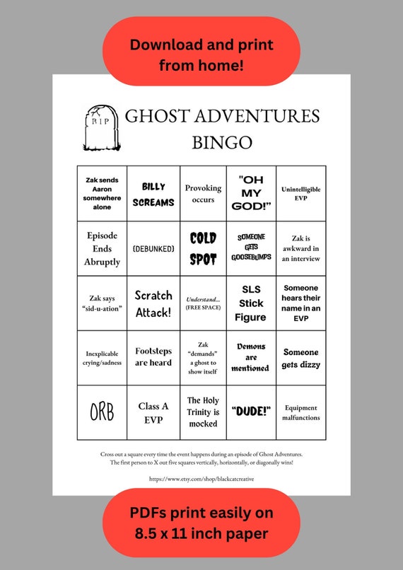 Ghost Adventures Bingo Game Printable Downloadable PDF up - Etsy