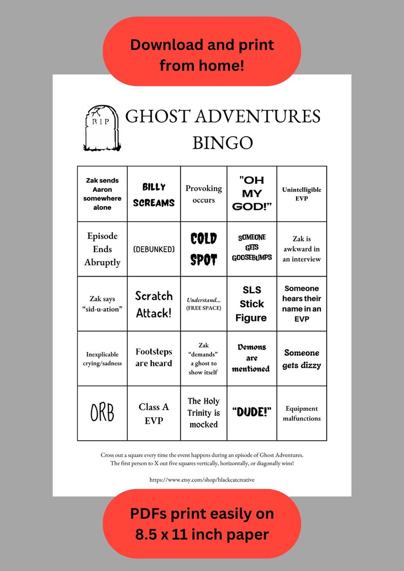 Ghost Adventures Bingo Game | Printable Downloadable PDF | up to 4 ...