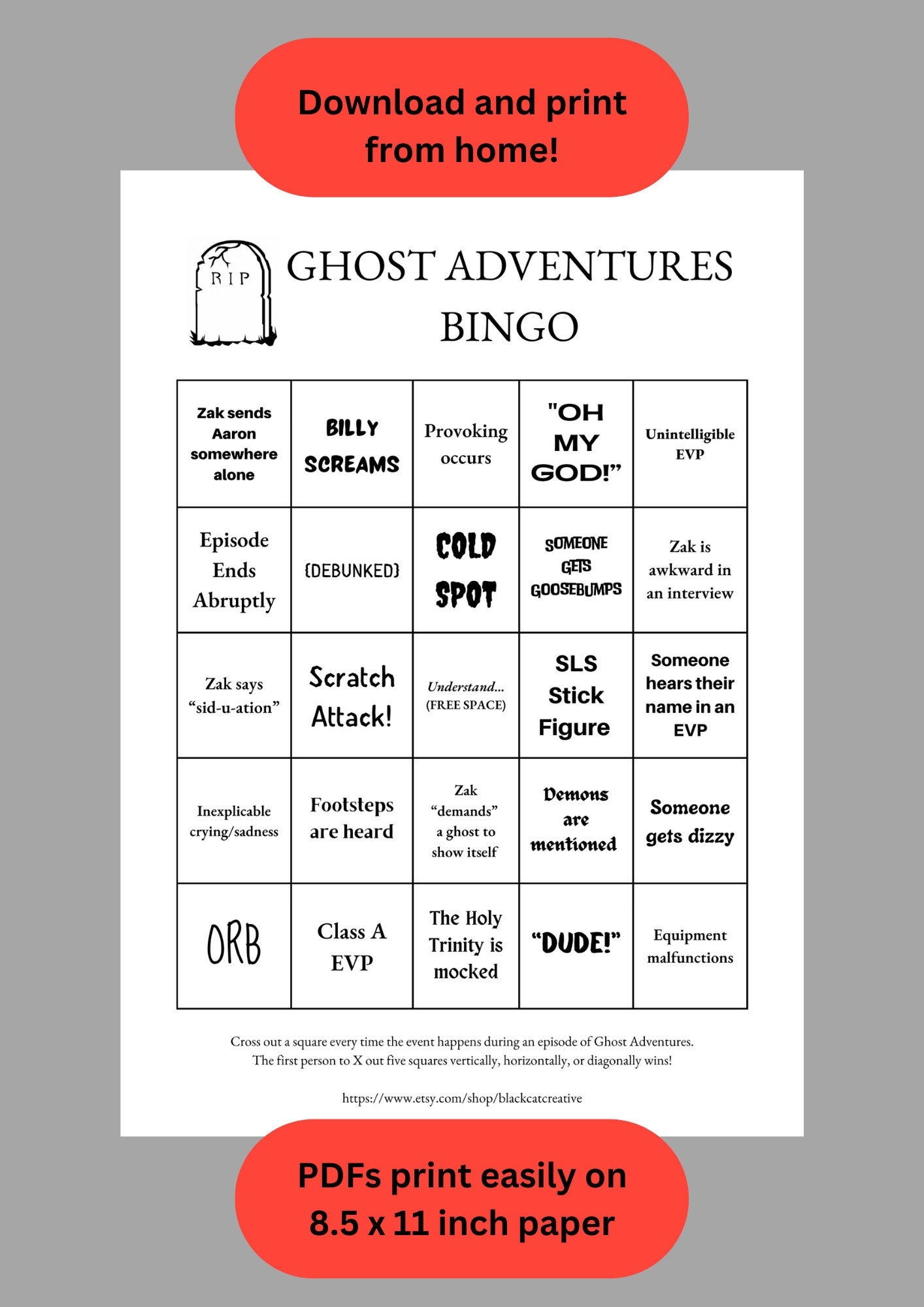 Ghost Adventures Bingo Game | Printable Downloadable PDF | up to 4 ...