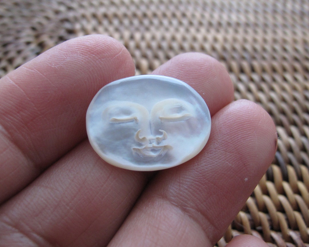 20 Mm Hand Carved Oval Moon Face Cabochon With Closed Eye, Yellow ...