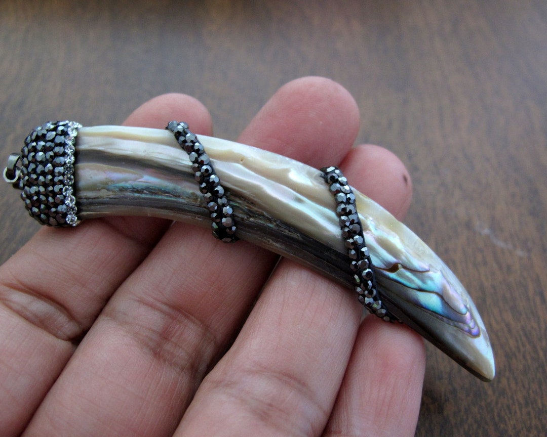 Excellent Detail Hand Carved Abalone Shell Tusk Pendant With Rhinestone ...