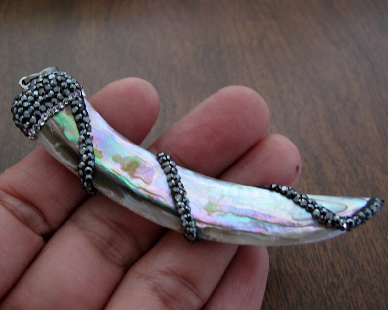 Excellent Detail Hand Carved Abalone Shell Tusk Pendant With Rhinestone ...
