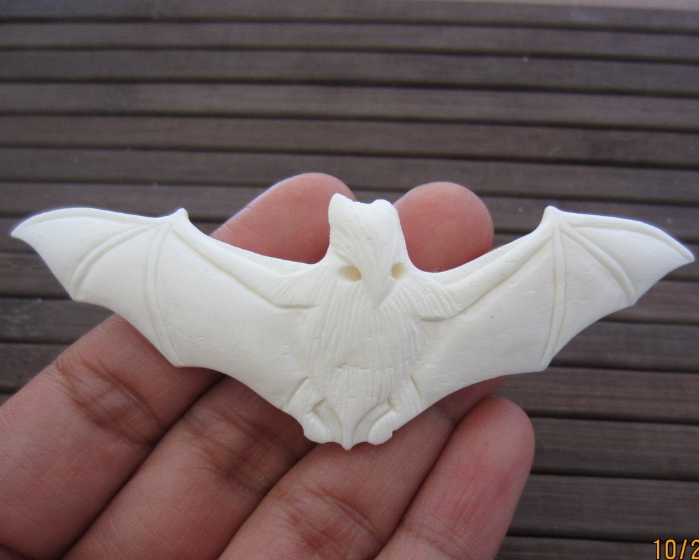 Extra Large Hand Carved Bat, Buffalo Bone Carving, DRILLED, Jewelry ...