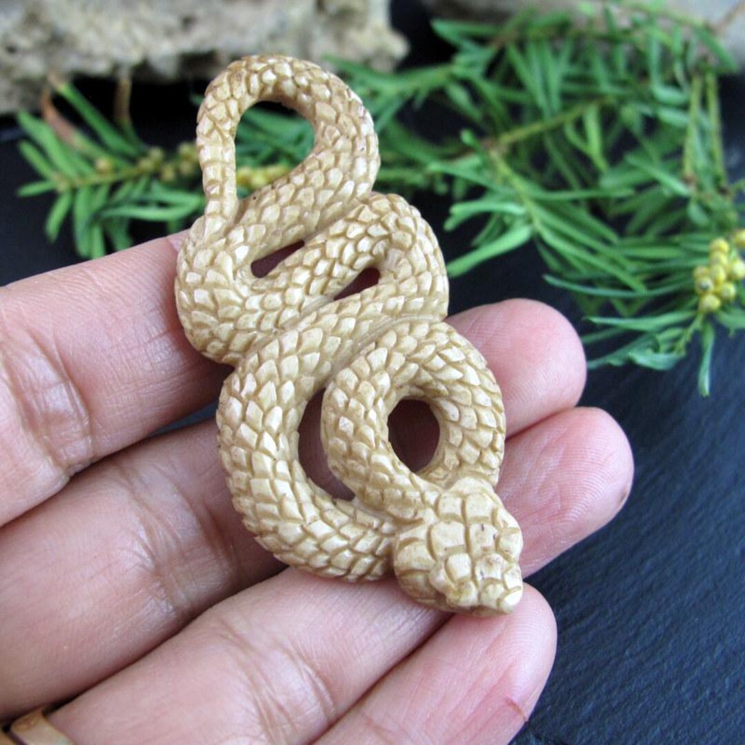 Hand Carved Rattle Snake, Antique Stained , Bone Carving, Jewelry ...