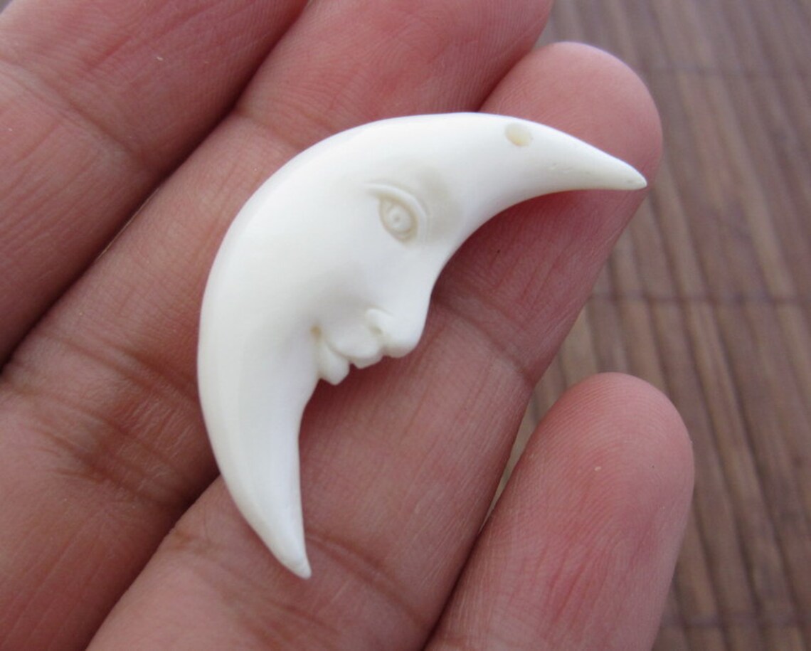 Intricate Reversible Moon Crescent Pendant, Open Eyes, Bone Bead ...