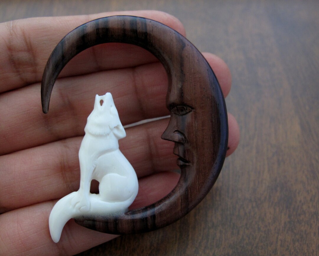 Howling Wolf Inside Crescent Moon, Buffalo Bone and Sono Wood Carving ...