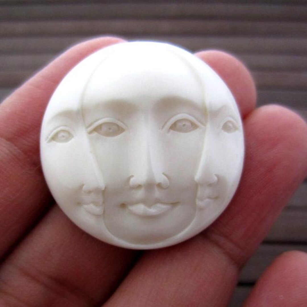 Gorgeous Hand Carved 30mm Three Face Cabochon With Open Eye, Buffalo ...