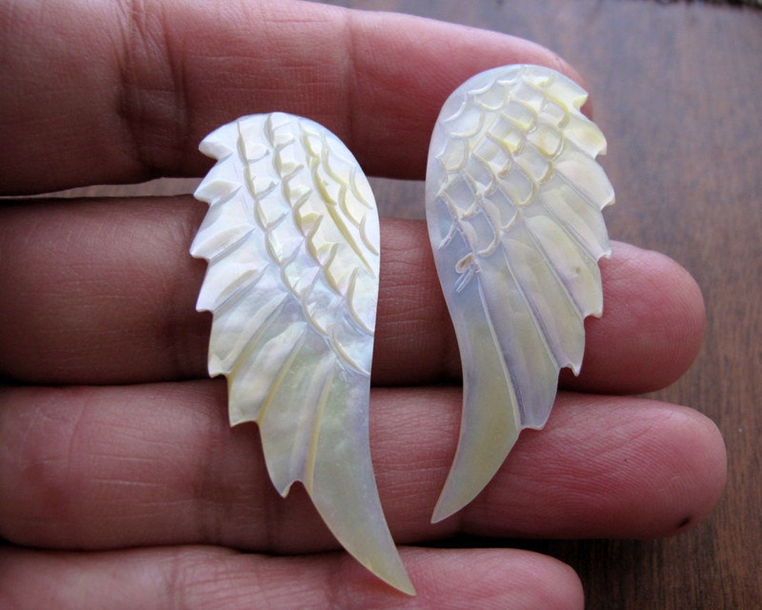 Pair Carved Angel Wings in Yellow Mother of Pearl, 43mm X 17mm, Carved ...