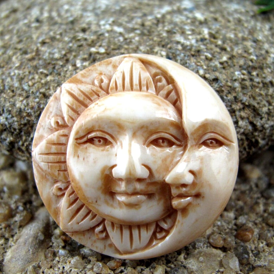 Antiqued Stained 30mm Hand Carved Sun Face and Waxing Moon Cabochon ...