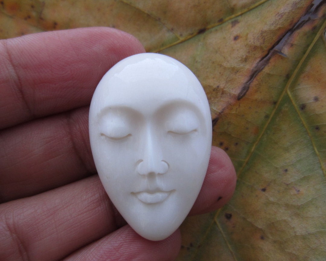 Oval Face Cabochon With Closed Eyes, 35mm X 24mm, Hand Carved Buffalo ...