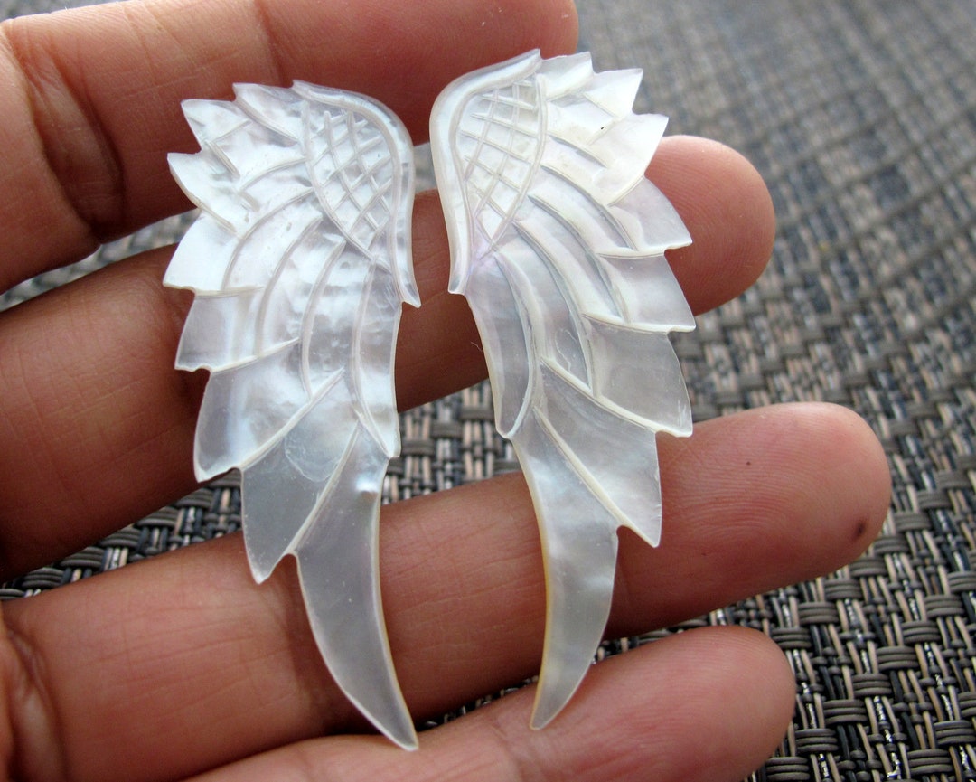 Pair of 55mm X 20mm Carved Angel Wings in Yellow Mother of Pearl ...