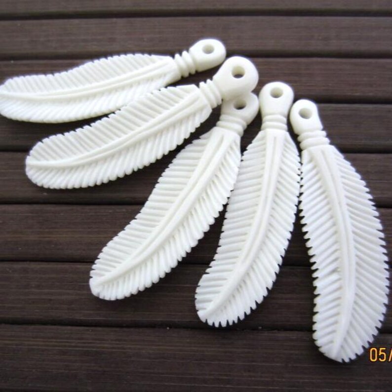 Gorgeous Carved Feather Pendant , Carved Buffalo Bone , Bone Bead ...
