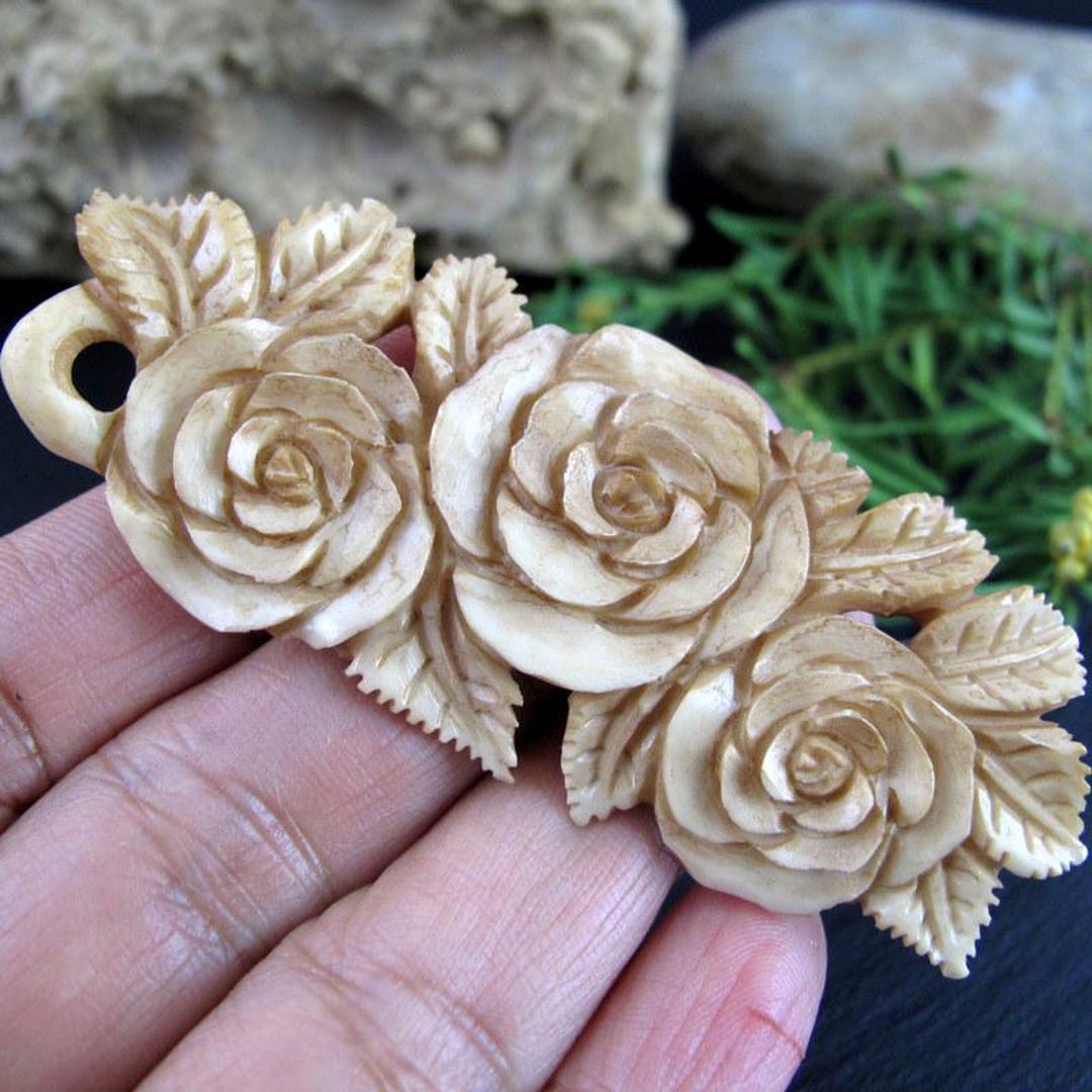 Antiqued Look Detailed Hand Carved Rose Flower Pendant, BONE Bone ...