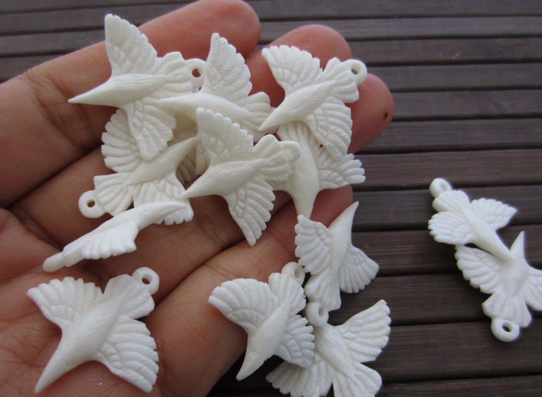 PAIR of Earring Sized (25mm X 26 Mm) White Ravens, Hand Carved Buffalo ...