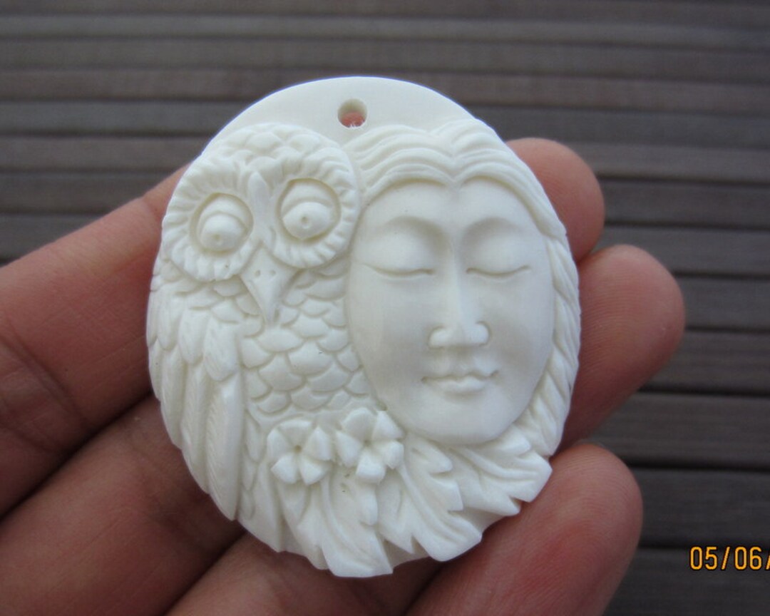 Excellent Detail Carved Spirit of Owl and Lady Pendant Beads , Bone ...