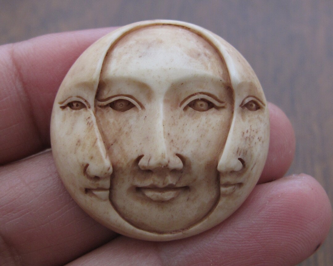 Antique Look Hand Carved 30mm Three Face Moon Cabochon With OPEN Eyes ...
