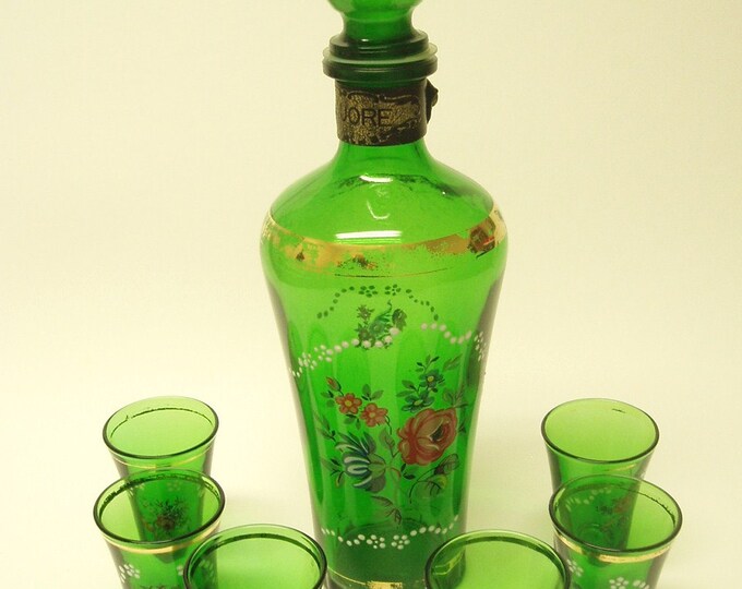 Vintage Glass Green Decanter Set With 6 Shot Glasses - Etsy