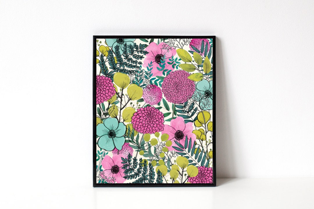 Pink and Chartreuse Flowers Illustration - Botanical Art Print - Floral ...
