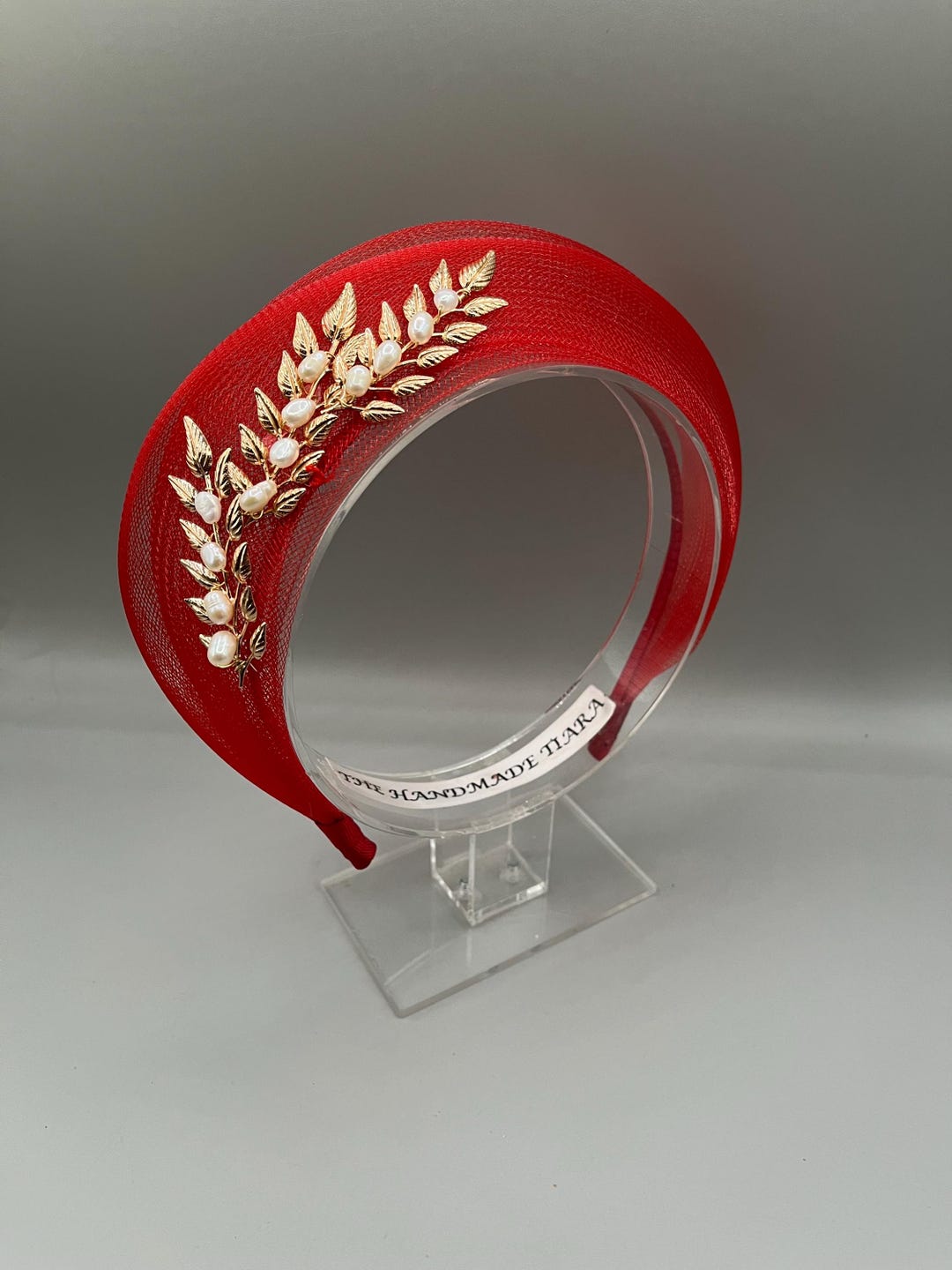 Red Halo Fascinator Headband With Gold Leaves and Pearls Wedding ...