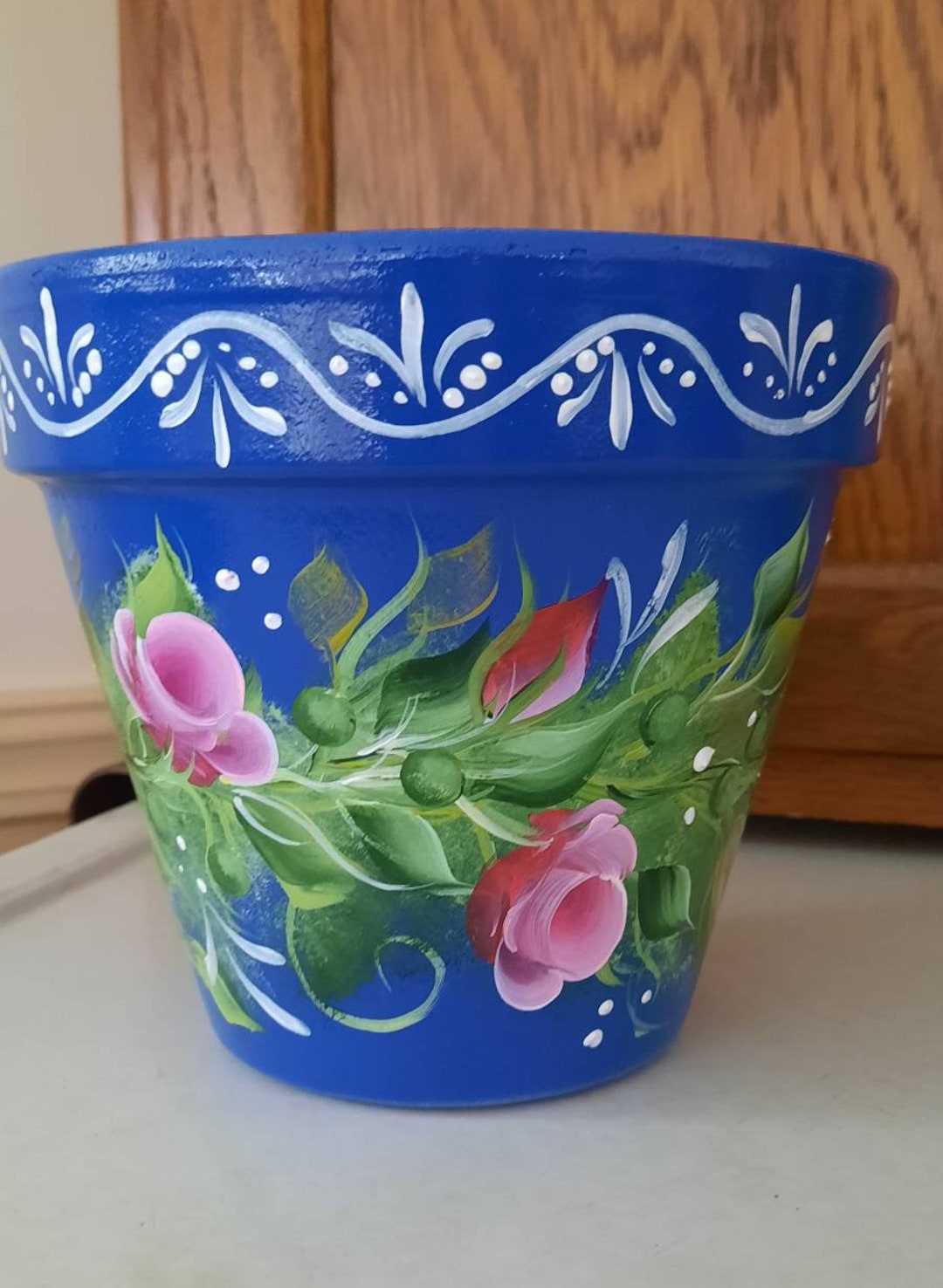 Beautiful Roses, Handpainted, Clay 6" Terracotta Pot, Handmade Outdoor ...