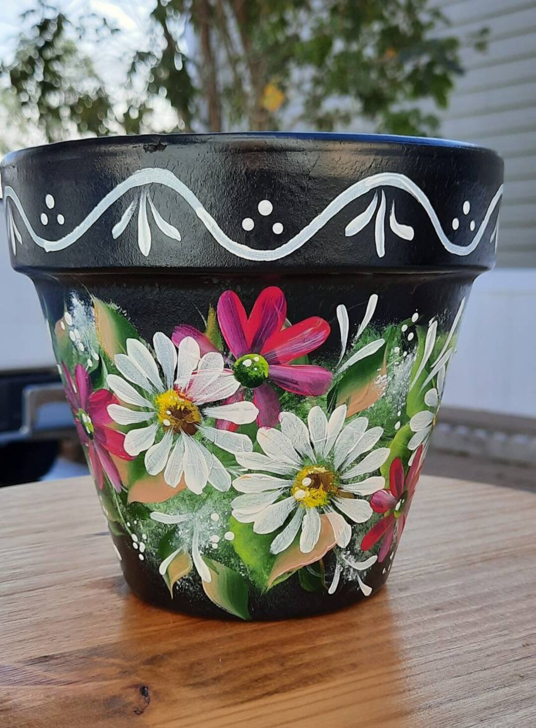 Daisies 6" Clay Terracotta Flower Pot, Outdoor Art, Hand Painted Pot ...