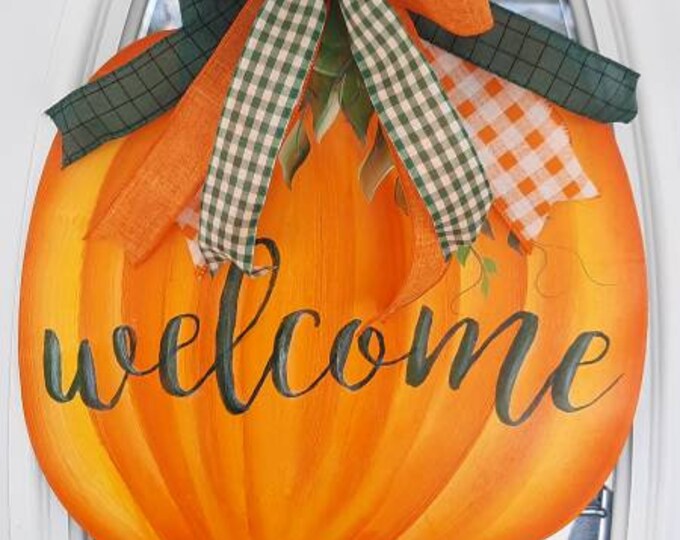 Large Wood Pumpkin Sign Wreath Attachment 18x16 Welcome Hand Painted ...