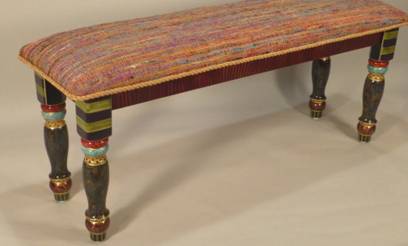 G Long Bench W-turned Legs Upholstered/hand-painted 47x14x18h as Shown ...