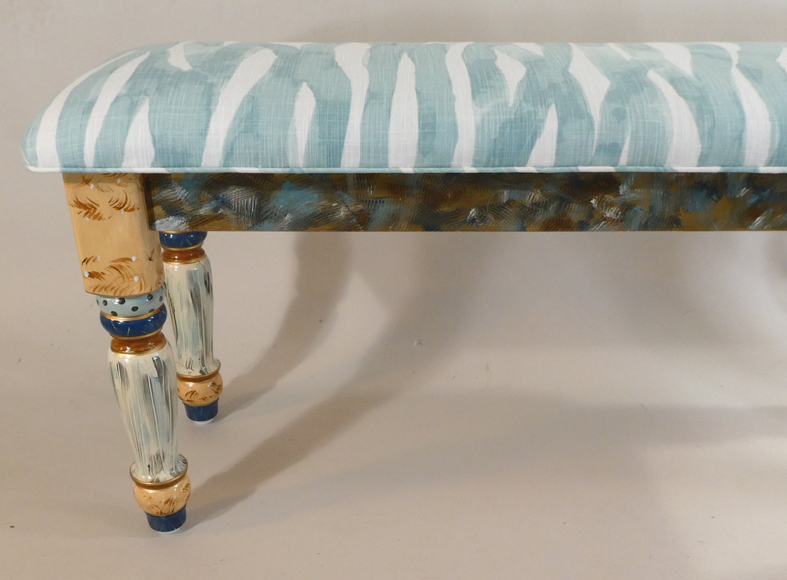 G Long Bench W-turned Legs Upholstered/hand-painted 47x14x18h as Shown ...