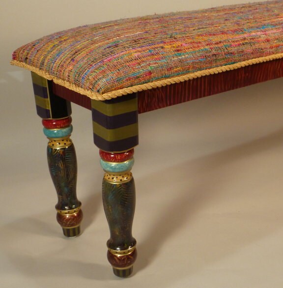 G Long Bench W-turned Legs Upholstered/hand-painted 47x14x18h as Shown ...