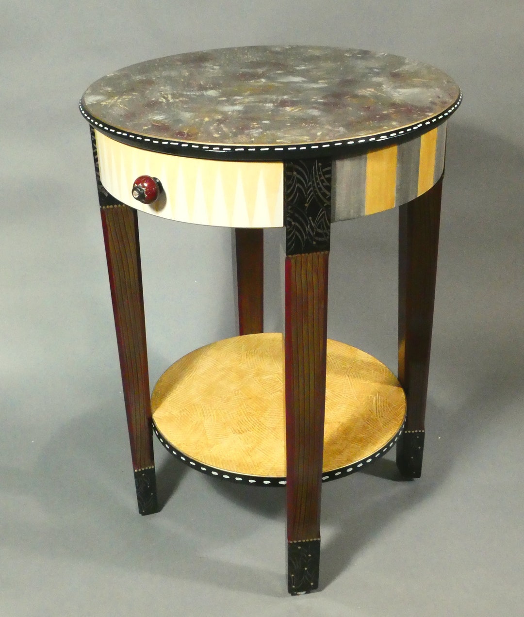 G || Round Side Table W-shelf/drawer | Hand-painted | 21x28h | as Shown ...