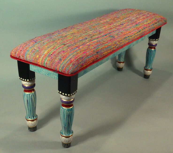G Long Bench W-turned Legs Upholstered/hand-painted 47x14x18h as Shown ...