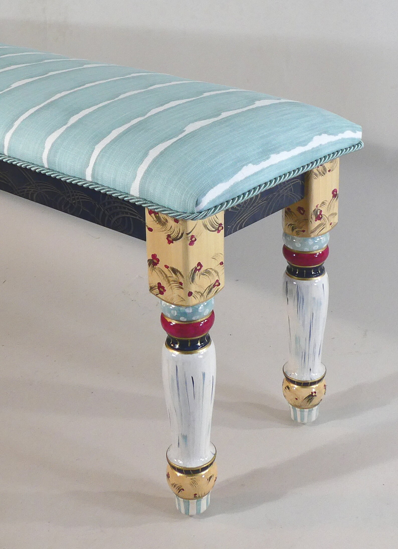 G Long Bench W-turned Legs Upholstered/hand-painted 47x14x18h as Shown ...
