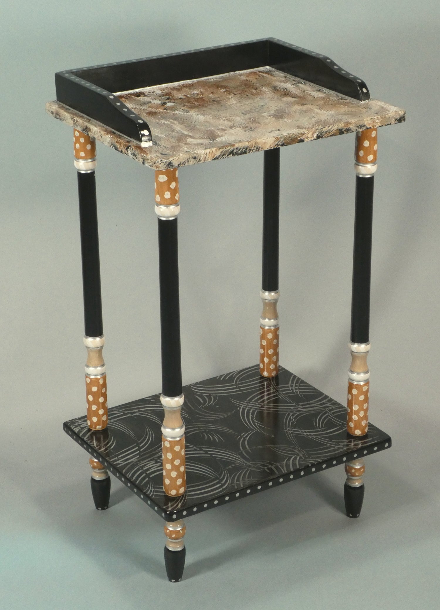 S || Petite Hand-painted Turned Leg Side Table W-shelf | 15x12x25h | as ...