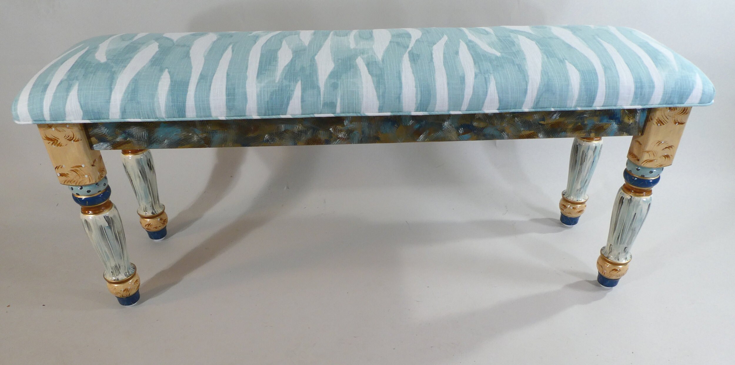 G Long Bench W-turned Legs Upholstered/hand-painted 47x14x18h as Shown ...